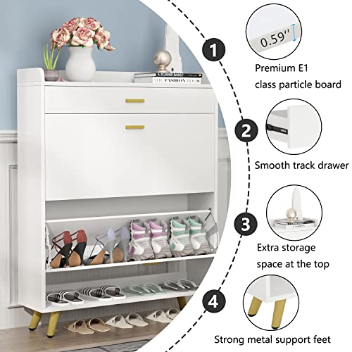 PAKASEPT Narrow Shoe Storage Cabinet,18-24 Pair Free Standing Tipping Bucket Shoe Rack Organizer with Drawers for Entryway,Bedroom,Hallway,White
