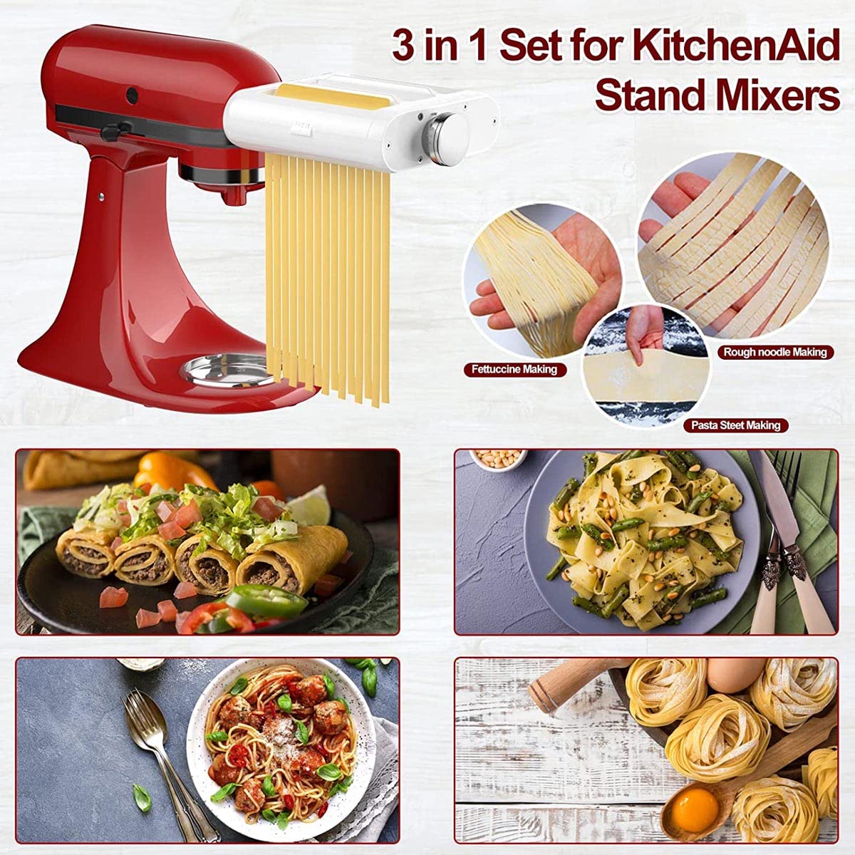 KitchenAid 3 in 1 Pasta Maker Set - Pasta Roller & Spaghetti/Fettuccine Cutter Attachments (White)
