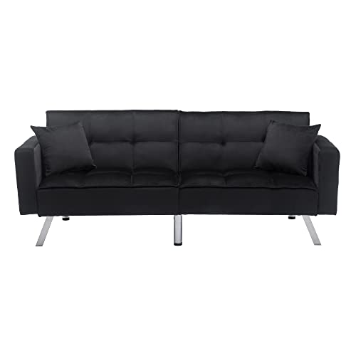 civama Futon Sofa Bed, 74" Modern Velvet Convertible Folding Lounge Couch, Upholstered Twin Size Sleeper Sofa with Arm 2 Pillows Split Back Design and Silver Metal Legs for Compact Space, Black