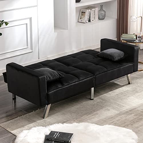 civama Futon Sofa Bed, 74" Modern Velvet Convertible Folding Lounge Couch, Upholstered Twin Size Sleeper Sofa with Arm 2 Pillows Split Back Design and Silver Metal Legs for Compact Space, Black