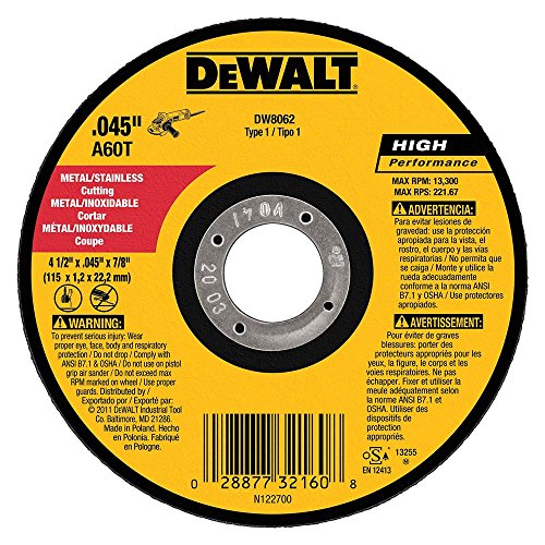 DEWALT - DW8062 - 10,PK DW8062 4-1/2"x.045"x7/8" Metal Angle Grinder Thin Cutoff Wheel, 10 Pack, (Model: DW8062-10,PK)