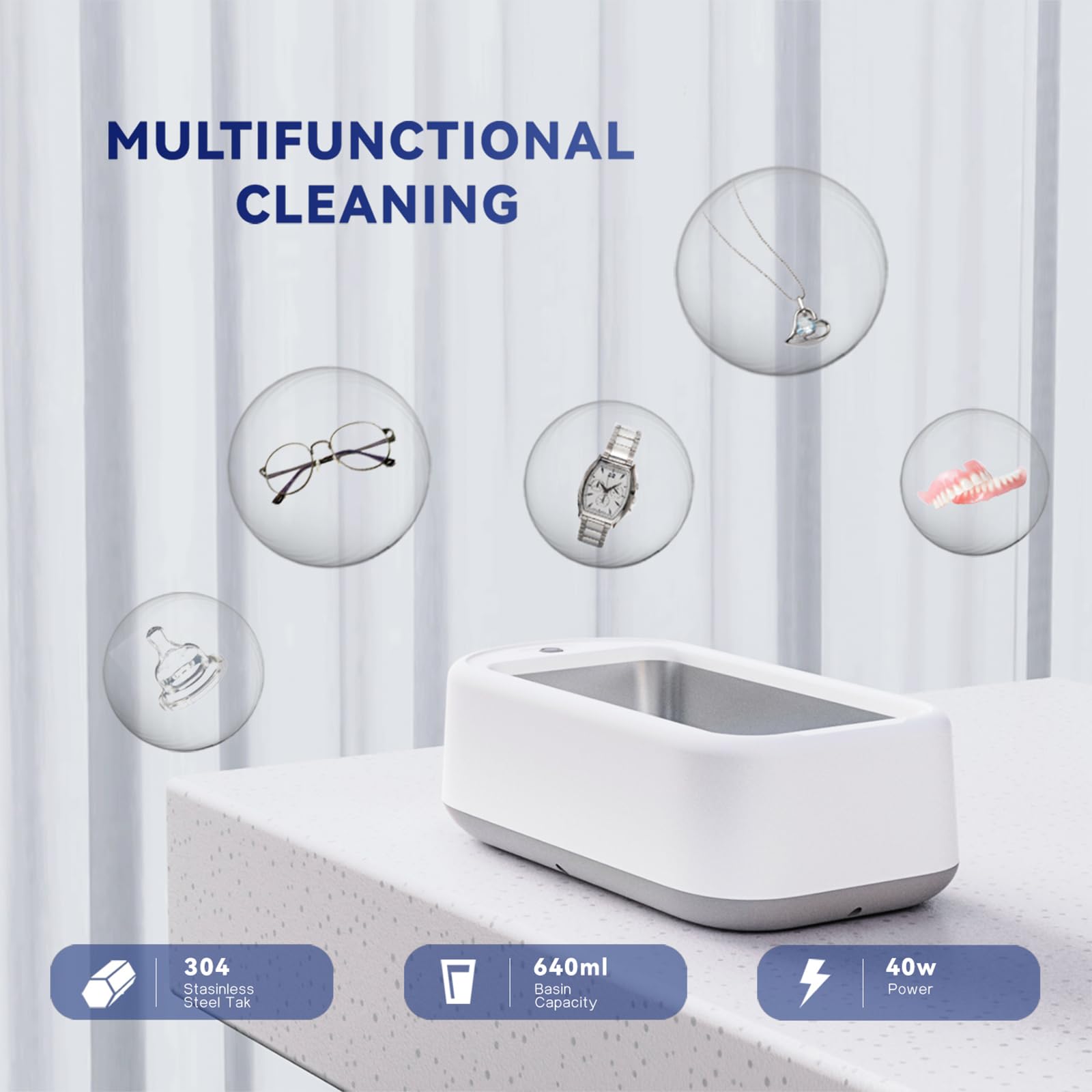 UltrasoniJewelry Cleaner, 40W 640ML Portable Household Professional Ultrasonic Eyeglasses Cleaning Machine with Timer,Ring Glasses Watches Denture Clean