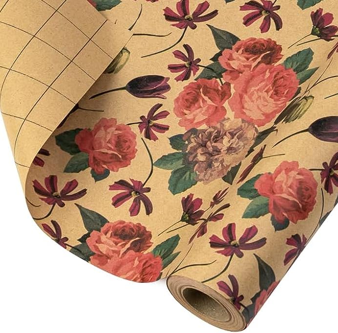 BIOBROWN Red Kraft Wrapping Paper Roll Fushcia Floral Design Perfect for Birthday Wedding Mother's Day Baby Shower Wrap 17 inch X 32.8 feet