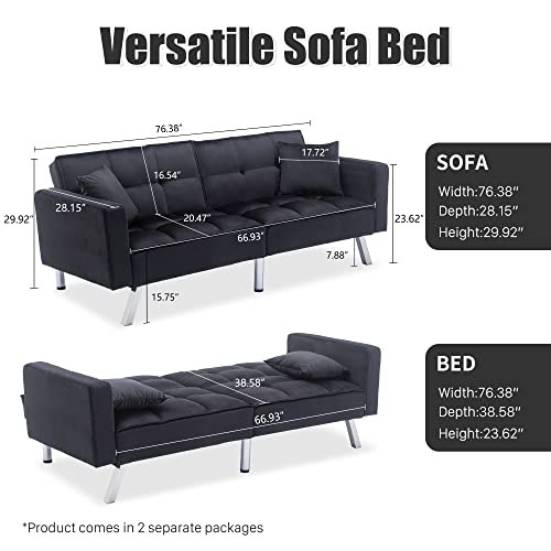 civama Futon Sofa Bed, 74" Modern Velvet Convertible Folding Lounge Couch, Upholstered Twin Size Sleeper Sofa with Arm 2 Pillows Split Back Design and Silver Metal Legs for Compact Space, Black