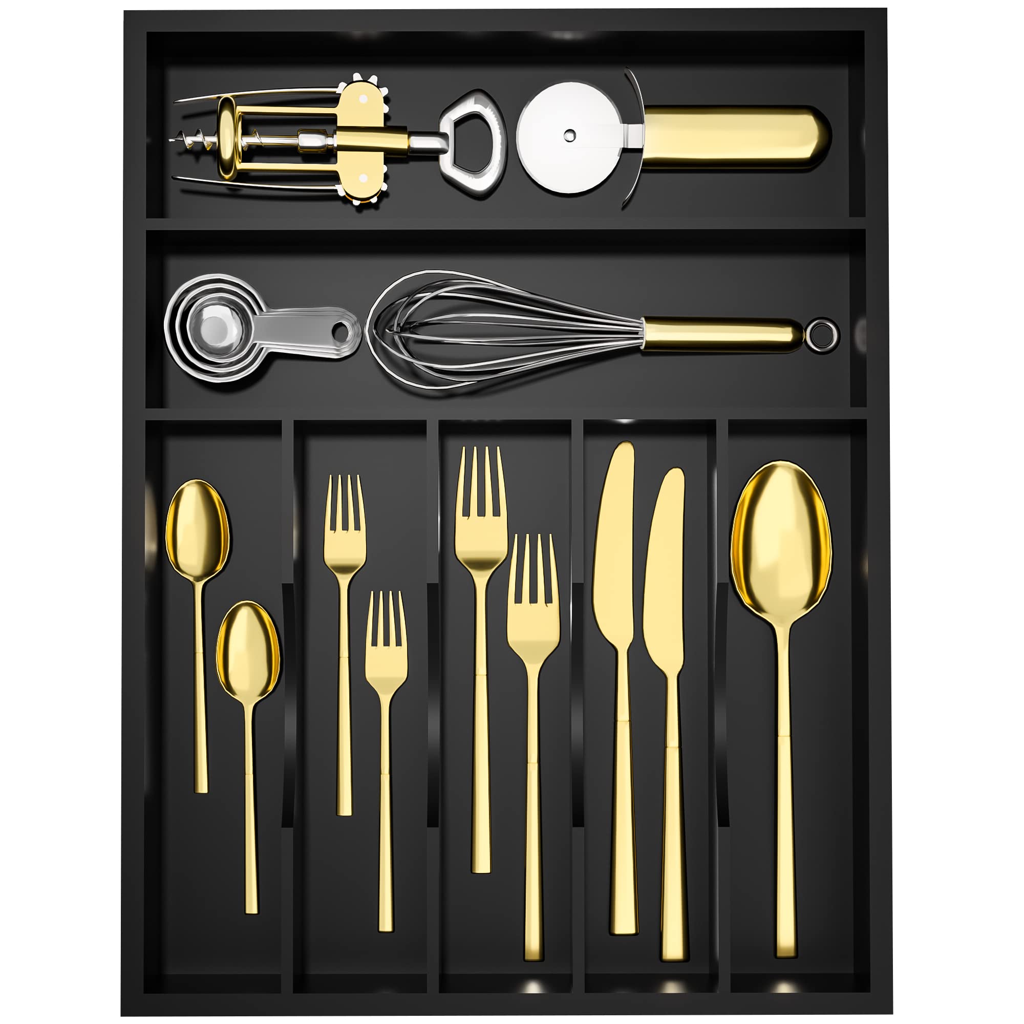 WUSHIZHUHUN Utensil Organizer Silverware Drawer Organizer - 7 Slots Bamboo Silverware Tray For Kitchen Cutlery Office Supplies Makeup Desk Storage Garage Tool Organization W13āx L17ā (Black)
