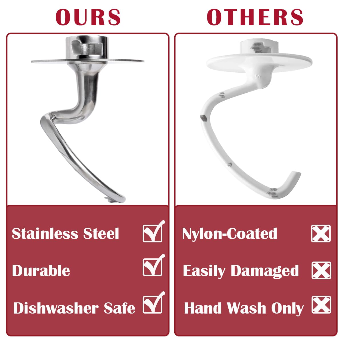 EGNic Stainless Steel Dough Hook Attachment for Kitchenaid 4.5-5 Quart Tilt-Head Stand Mixer, Spiral Dough Hook Replacement for Kitchenaid Mixers Accessories
