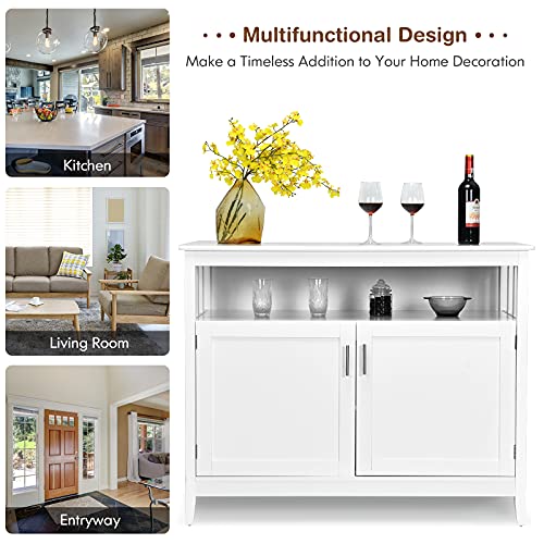 Costzon Kitchen Sideboard Storage Cabinet, Wooden Server Buffet Mid Century Modern Sideboard, Free Standing Narrow Storage Cupboard with 2-Level Open Adjustable Shelf for Home Living Room (White)