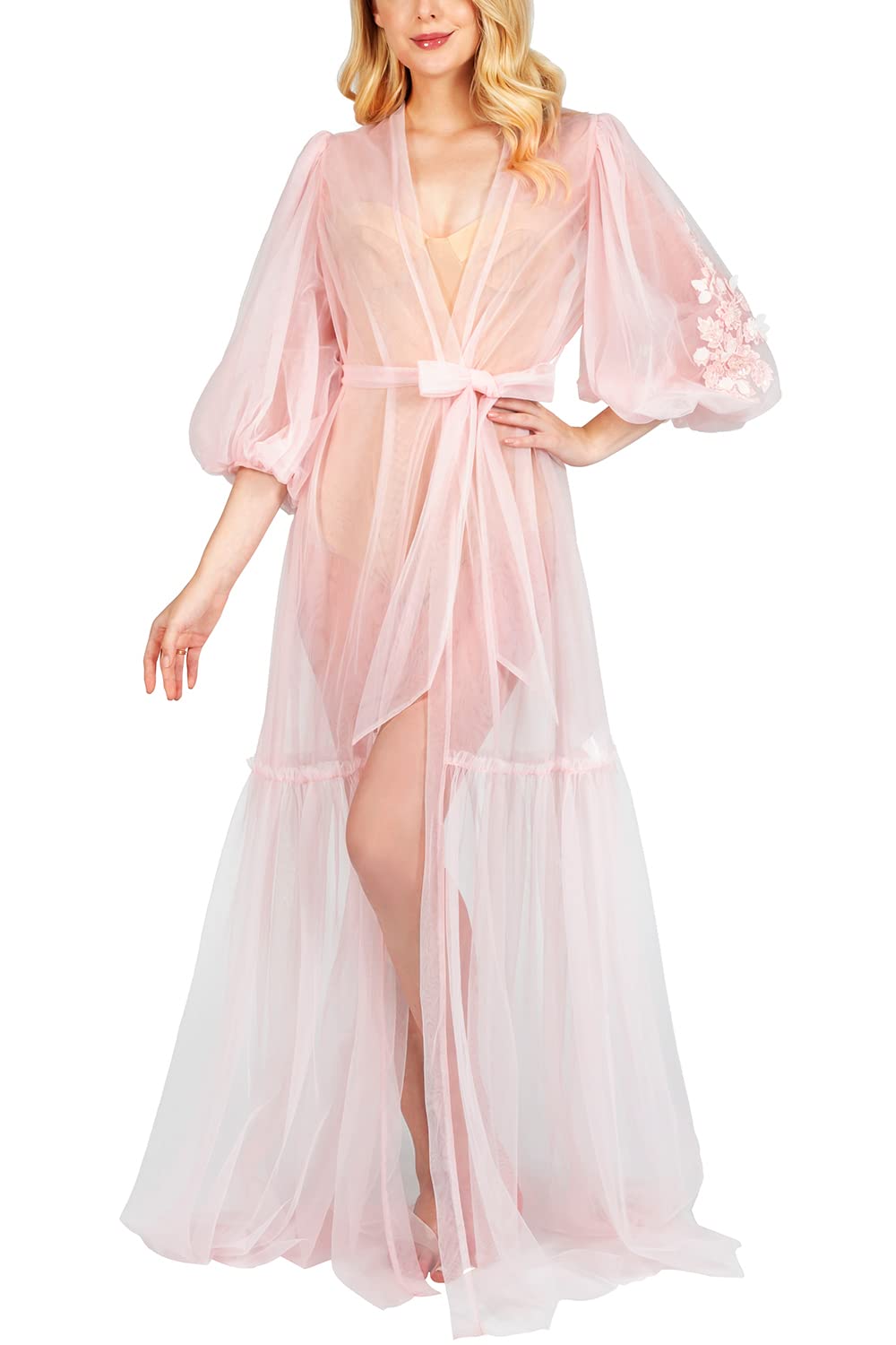 HHQ Women's Lace Long Robe Tulle Bridal Nightgown Sexy Sheer Boudoir Nightwear Long Sleeve Ladies Lingerie Maxi Dress(Pink,L)