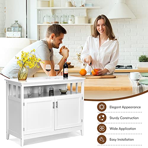 Costzon Kitchen Sideboard Storage Cabinet, Wooden Server Buffet Mid Century Modern Sideboard, Free Standing Narrow Storage Cupboard with 2-Level Open Adjustable Shelf for Home Living Room (White)