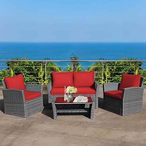 Tangkula 4 Pieces Patio Furniture Set, All Weather Outdoor Sectional Rattan Sofa Set with Cushions & Tempered Glass Table, Wicker Conversation Couch Set for Backyard Garden Poolside