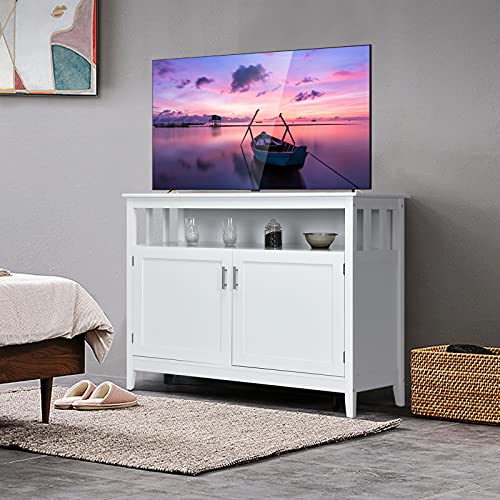 Costzon Kitchen Sideboard Storage Cabinet, Wooden Server Buffet Mid Century Modern Sideboard, Free Standing Narrow Storage Cupboard with 2-Level Open Adjustable Shelf for Home Living Room (White)