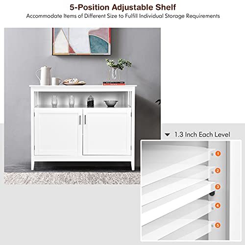 Costzon Kitchen Sideboard Storage Cabinet, Wooden Server Buffet Mid Century Modern Sideboard, Free Standing Narrow Storage Cupboard with 2-Level Open Adjustable Shelf for Home Living Room (White)