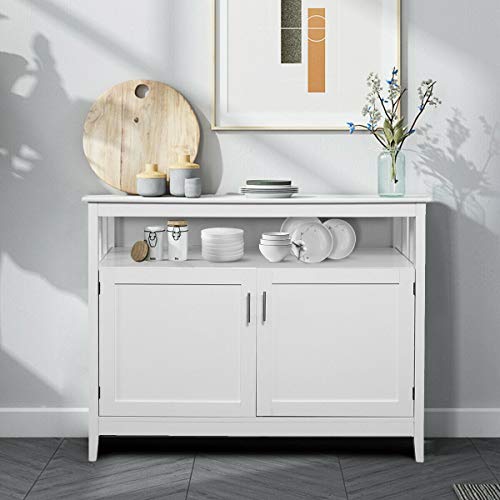Costzon Kitchen Sideboard Storage Cabinet, Wooden Server Buffet Mid Century Modern Sideboard, Free Standing Narrow Storage Cupboard with 2-Level Open Adjustable Shelf for Home Living Room (White)