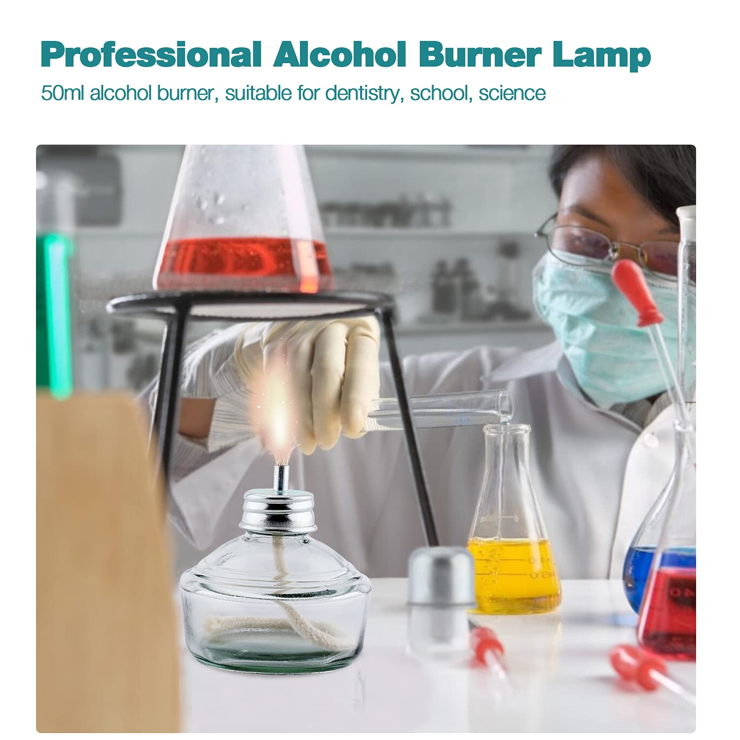 Dental Alcohol Lamp Glass Alcohol Burner Lamp Bunsen Burner with Metal Cap Dental Lab Equipment Heating 150ml with 5 Free Replacement Wicks & Funnel