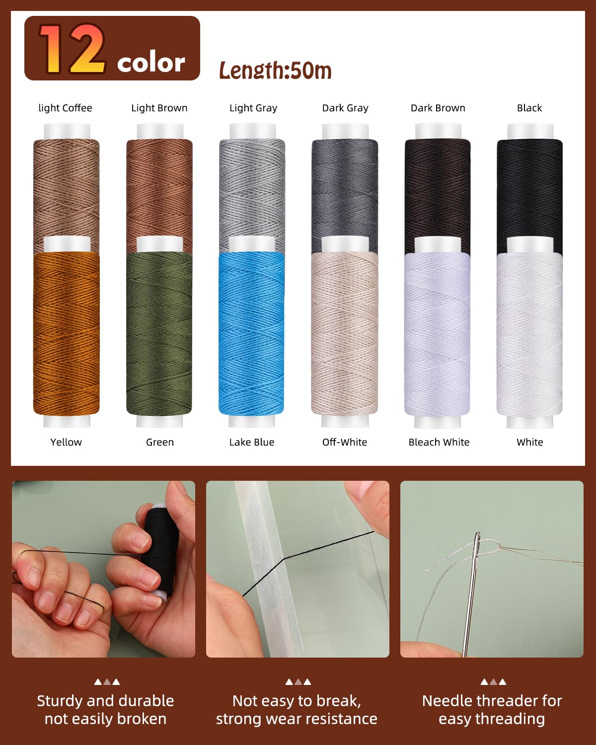 BAGERLA Upholstery Repair Kit, 48pcs Leather Sewing Kit with Upholstery Thread, Sewing Awl, Seam Ripper, Needles, Thimble Leather Stitching Kit for Carseat Carpet Shoes Backpack Repair DIY Crafting