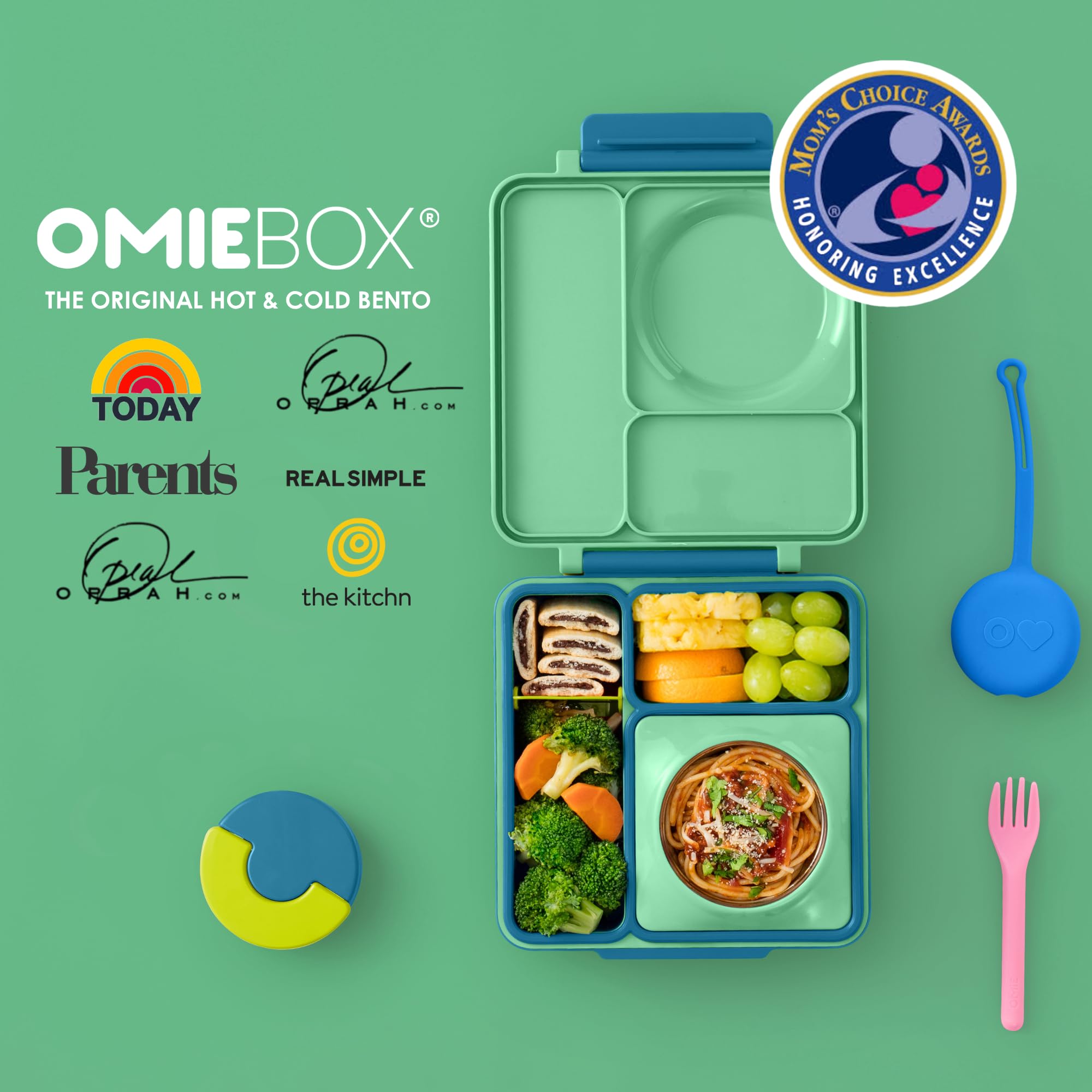 OmieBox Bento Box for Kids - Insulated Lunch Box with Leak Proof Thermos Food Jar - 3 Compartments, Two Temperature Zones - (Meadow) (Single) (Packaging May Vary)