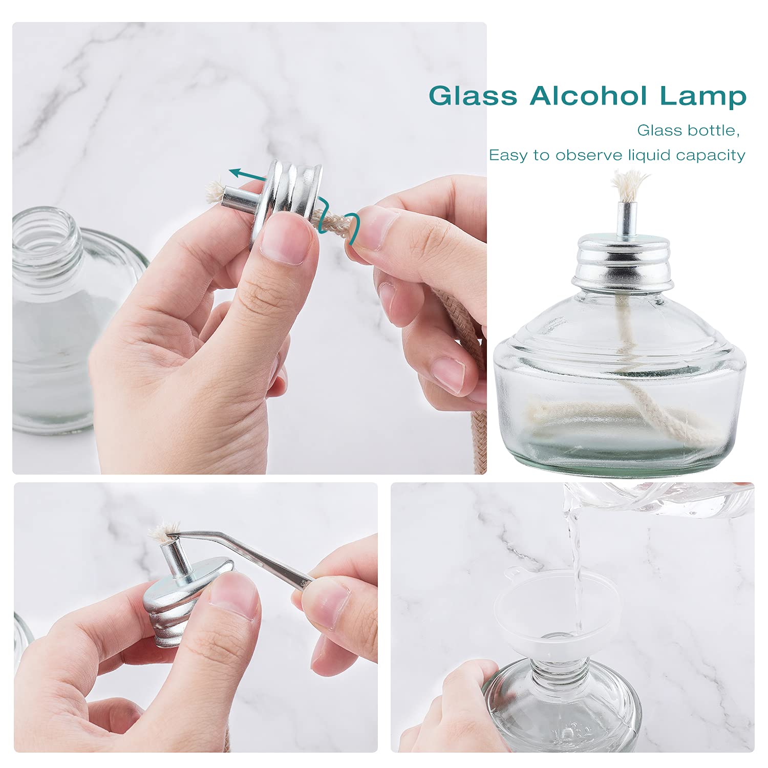 Dental Alcohol Lamp Glass Alcohol Burner Lamp Bunsen Burner with Metal Cap Dental Lab Equipment Heating 150ml with 5 Free Replacement Wicks & Funnel