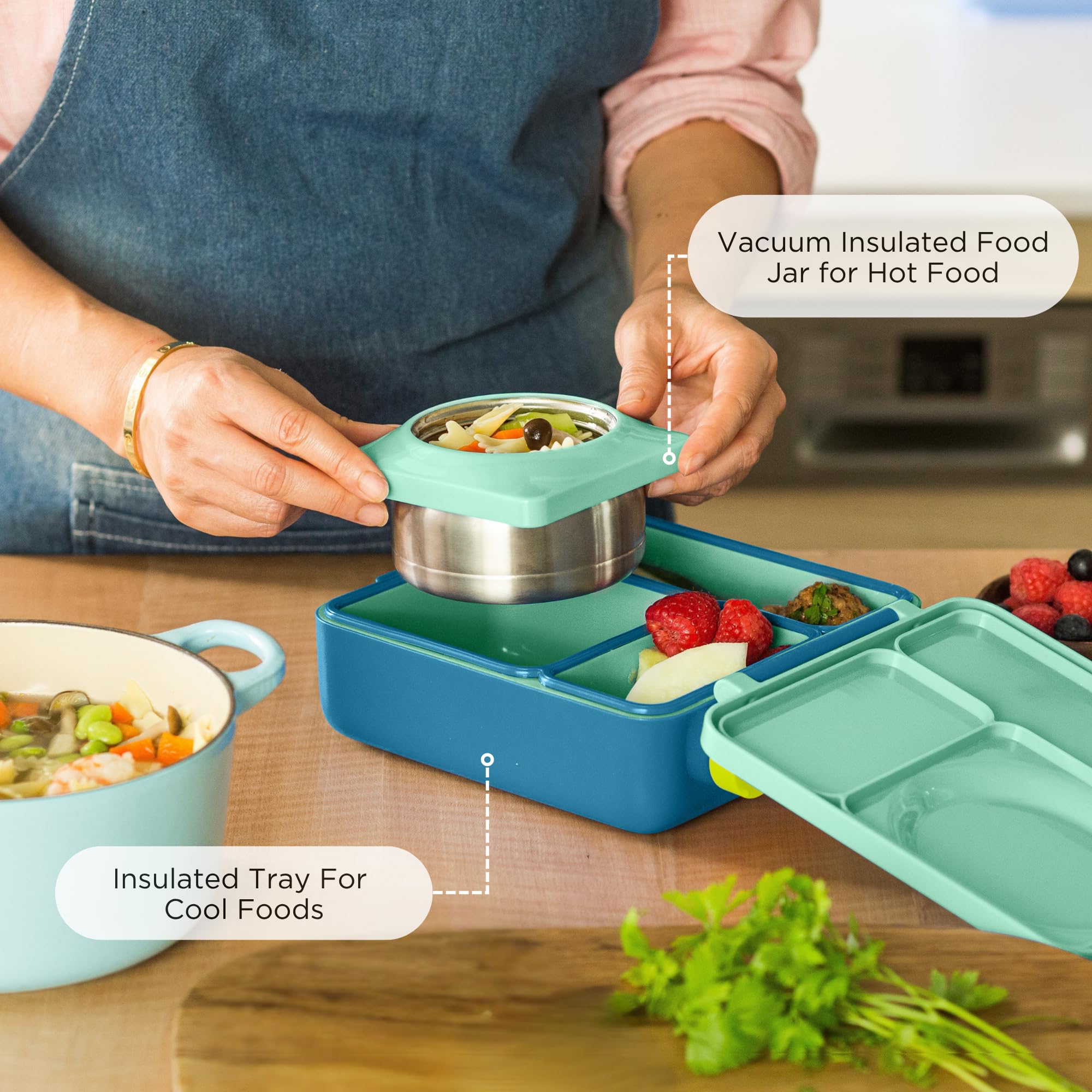 OmieBox Bento Box for Kids - Insulated Lunch Box with Leak Proof Thermos Food Jar - 3 Compartments, Two Temperature Zones - (Meadow) (Single) (Packaging May Vary)