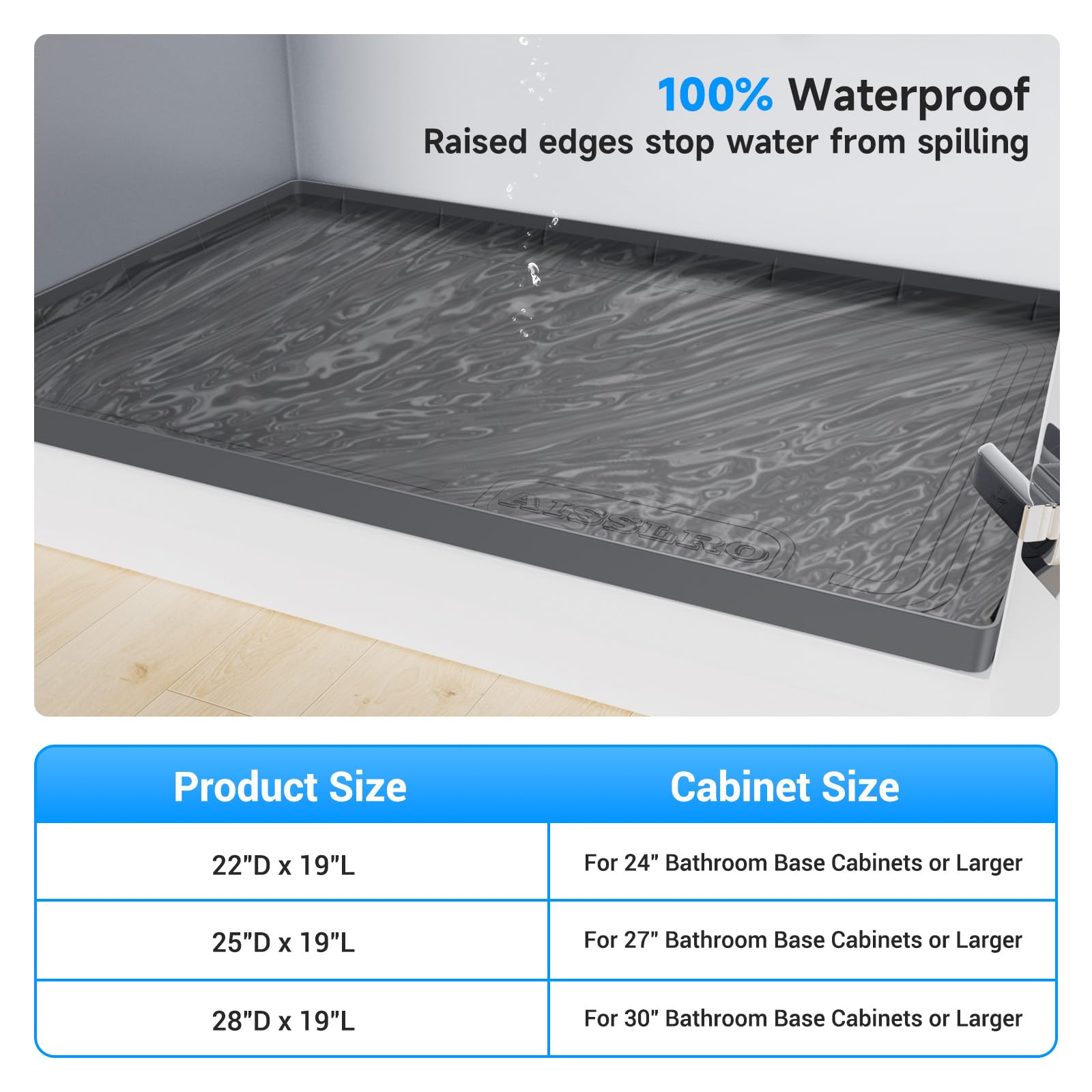Under Sink Mat, 28'' x 22'' Silicone Under Sink Liner, Waterproof Shelf Liner with Drain Hole, Kitchen Bathroom Cabinet Mats (Grey)