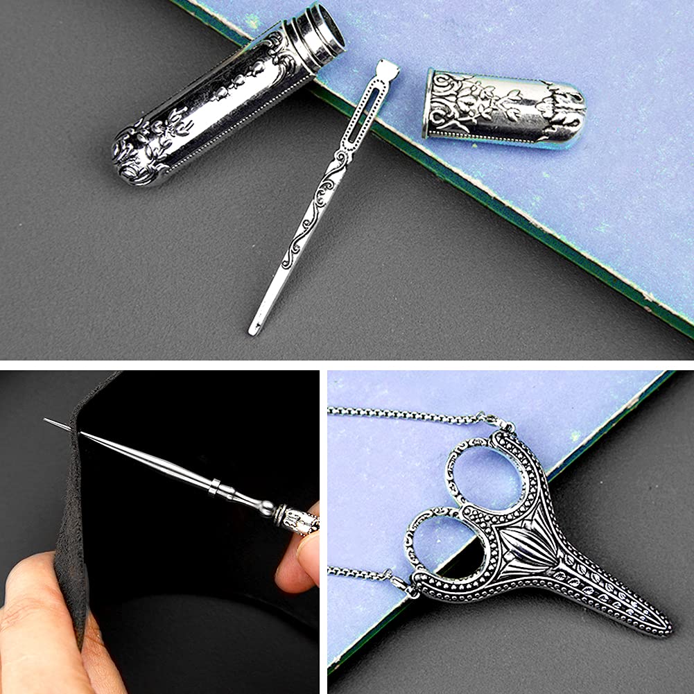 Embroidery Scissors, Stainless Steel Safety Scissors,Thread Cutter with Sheath, Sewing Needle Case,Awl,Thimble for Sewing, Cutting,Art Work,Embroidery, Needlework