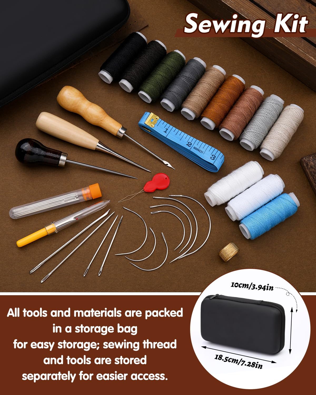 BAGERLA Upholstery Repair Kit, 48pcs Leather Sewing Kit with Upholstery Thread, Sewing Awl, Seam Ripper, Needles, Thimble Leather Stitching Kit for Carseat Carpet Shoes Backpack Repair DIY Crafting