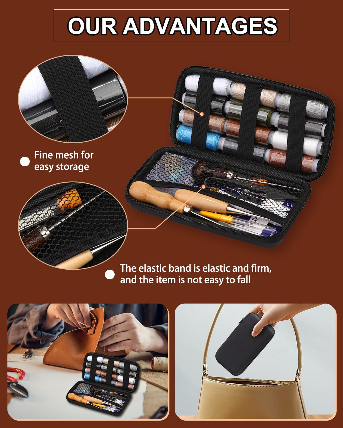 BAGERLA Upholstery Repair Kit, 48pcs Leather Sewing Kit with Upholstery Thread, Sewing Awl, Seam Ripper, Needles, Thimble Leather Stitching Kit for Carseat Carpet Shoes Backpack Repair DIY Crafting