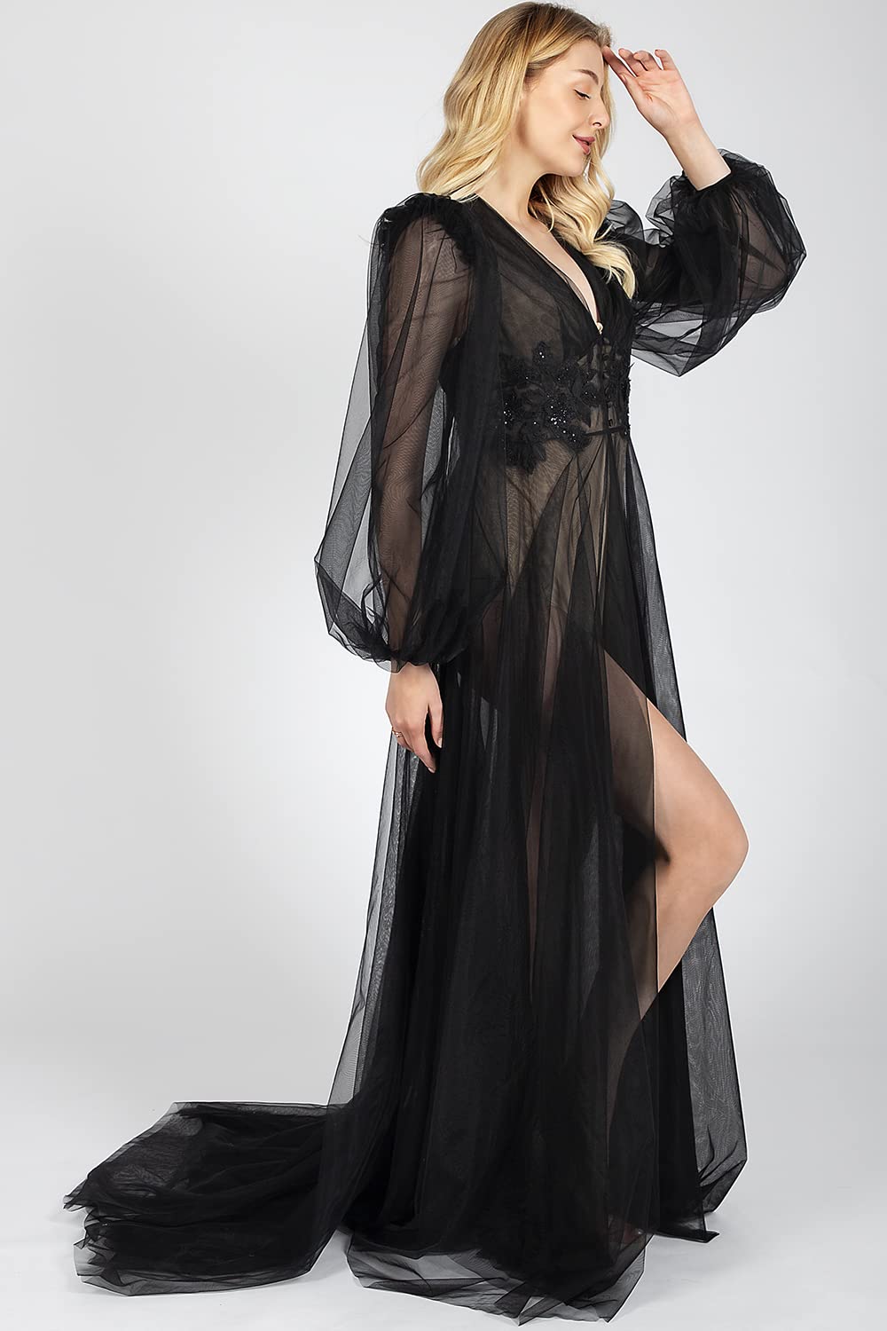 HHQ Bridal Tulle Robe Long White Lace Wedding Nightgowns Women Bride Getting Ready Robe Boudoir Shoot Sheer Dress(Black,L)