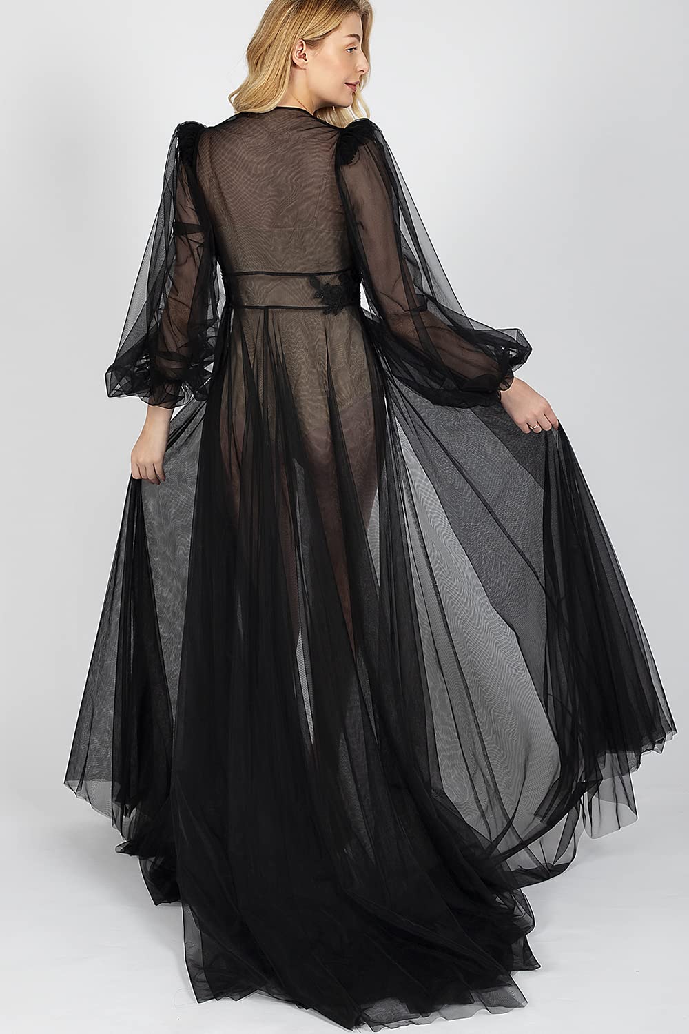 HHQ Bridal Tulle Robe Long White Lace Wedding Nightgowns Women Bride Getting Ready Robe Boudoir Shoot Sheer Dress(Black,L)