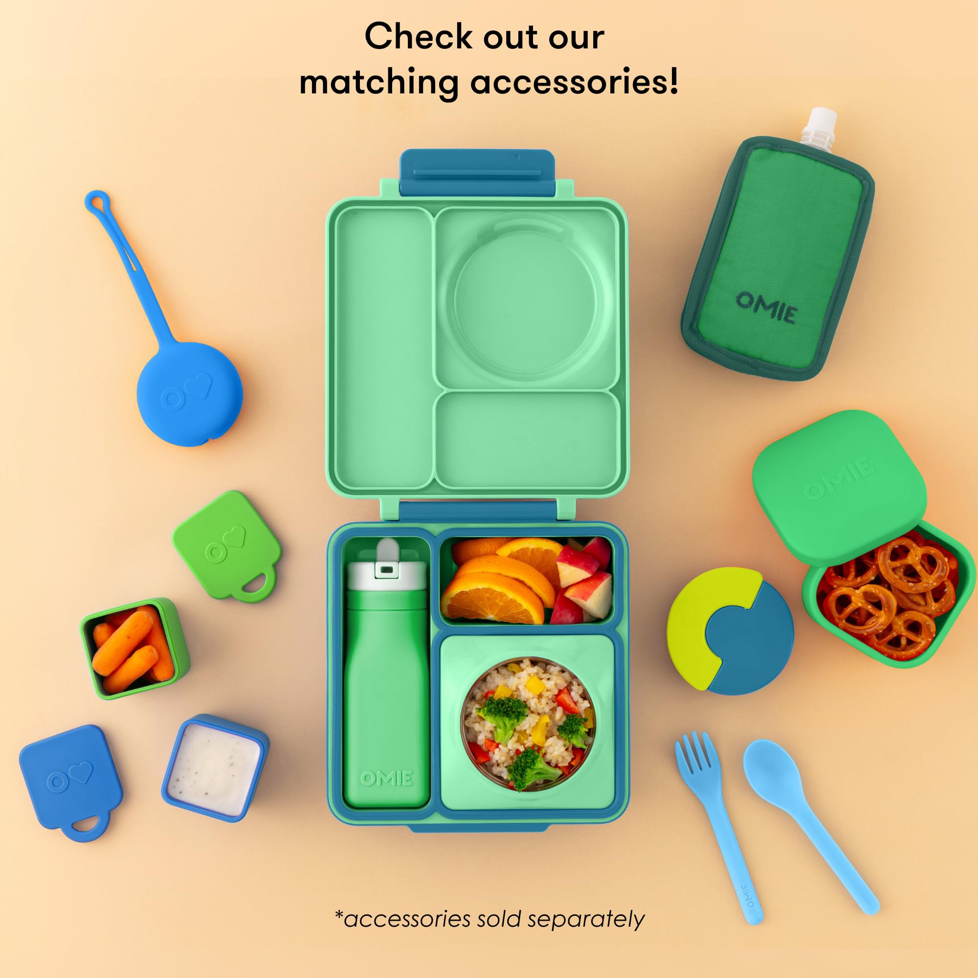 OmieBox Bento Box for Kids - Insulated Lunch Box with Leak Proof Thermos Food Jar - 3 Compartments, Two Temperature Zones - (Meadow) (Single) (Packaging May Vary)