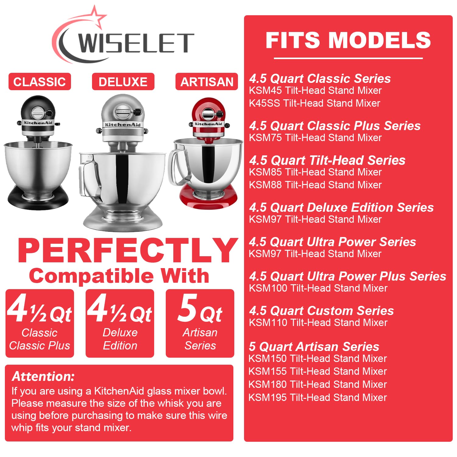 K45WW Stainless Steel Wire Whip for KitchenAid Artisan Series Tilt-Head Mixer 5 Quart Bowl, 6 Wire whisk Fits for Artisan Mixer, Heavy Duty, Dishwasher Safe, Balloon Whisk