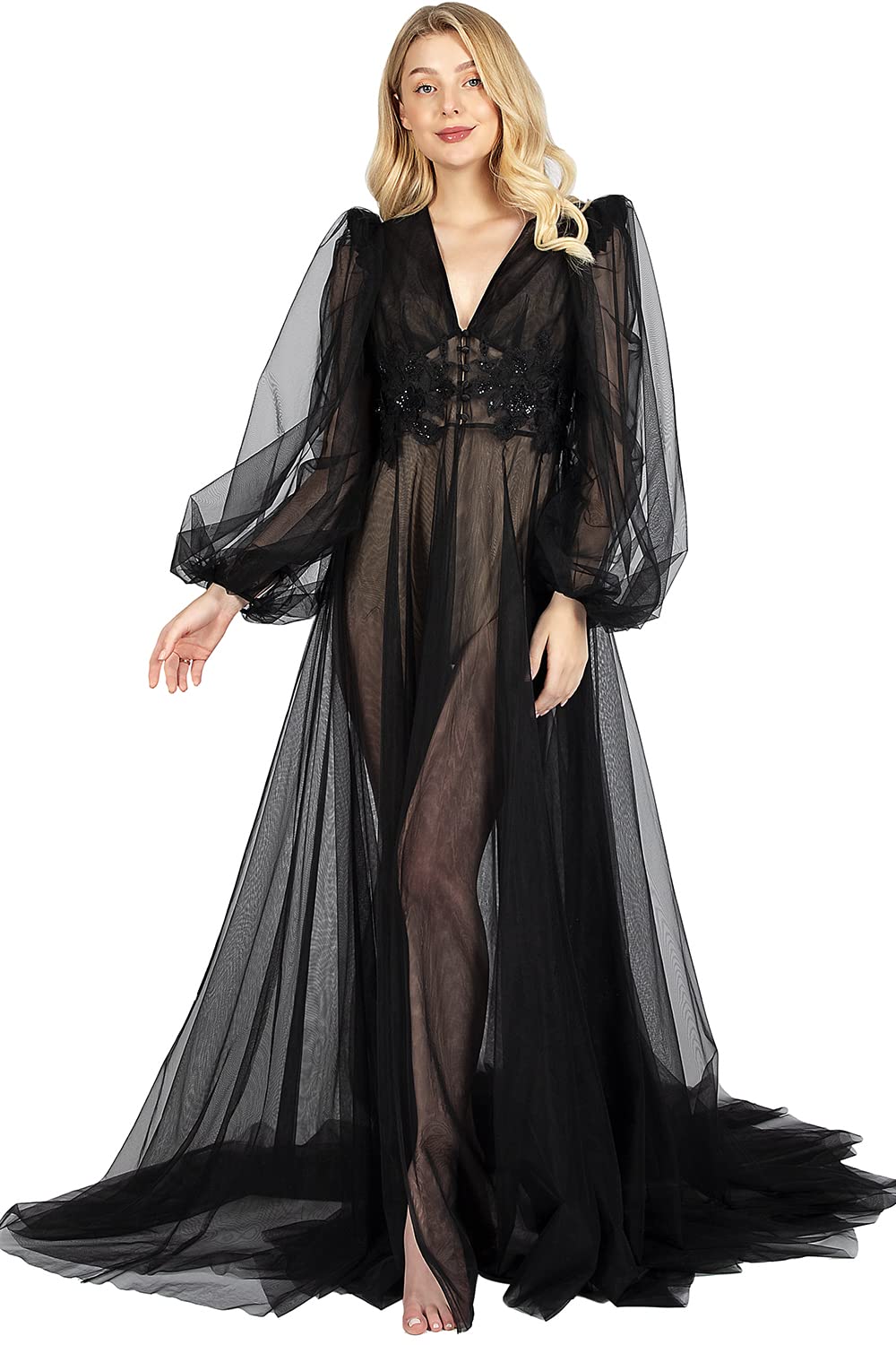 HHQ Bridal Tulle Robe Long White Lace Wedding Nightgowns Women Bride Getting Ready Robe Boudoir Shoot Sheer Dress(Black,L)