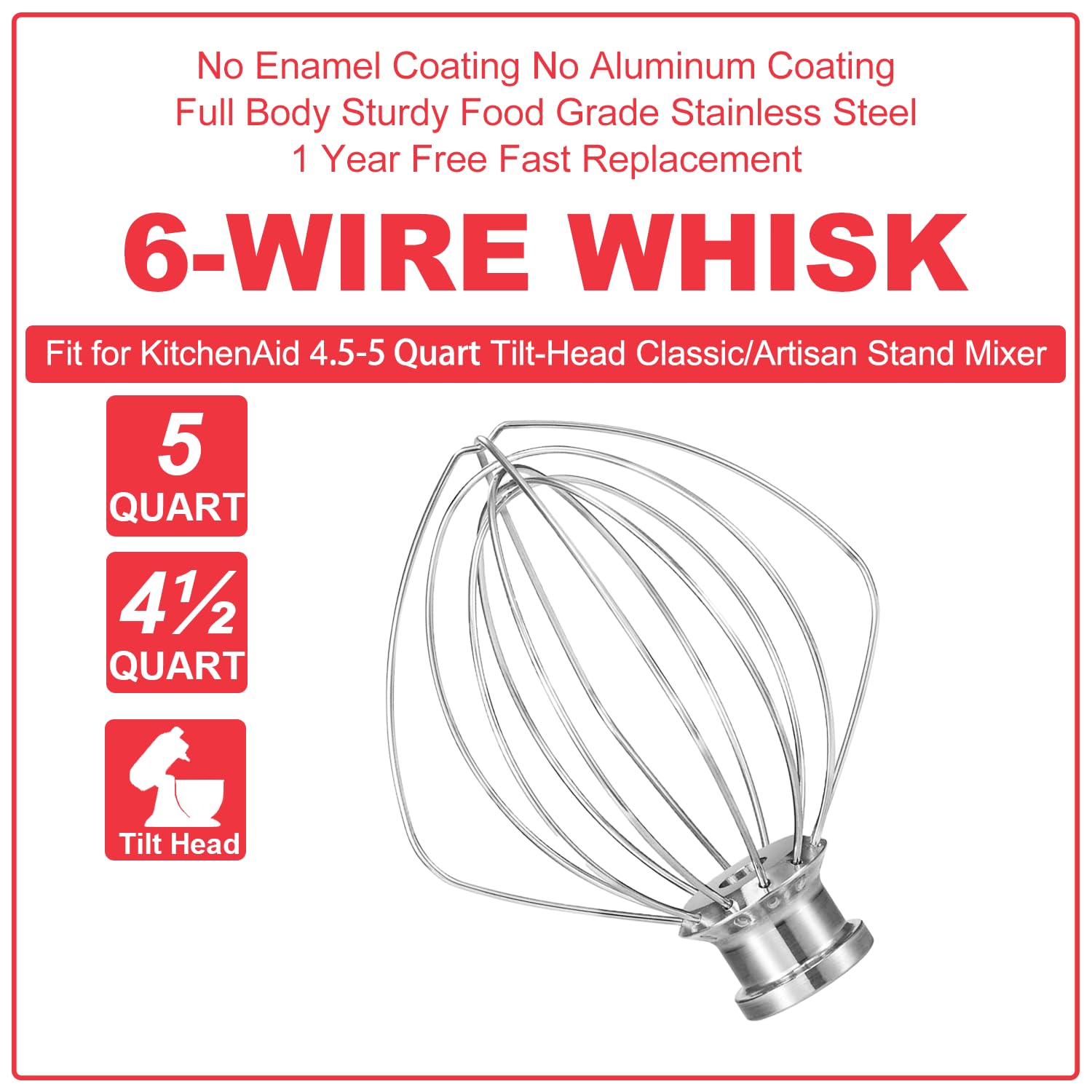 K45WW Stainless Steel Wire Whip for KitchenAid Artisan Series Tilt-Head Mixer 5 Quart Bowl, 6 Wire whisk Fits for Artisan Mixer, Heavy Duty, Dishwasher Safe, Balloon Whisk