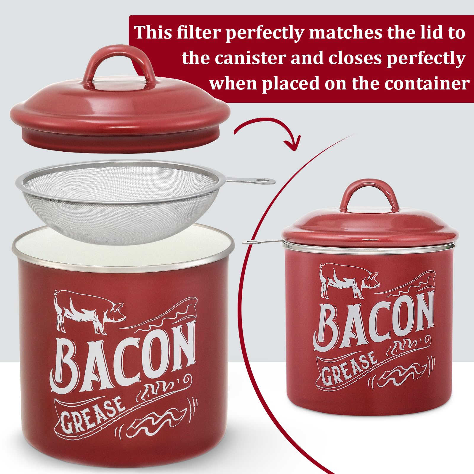 [ Larger Capacity ] Bacon Grease Container with Fine Strainer and Lid - 38 OZ Enamel Bacon Grease Keeper Oil Can for Bacon Fat Dripping - Farmhouse or Kitchen Gift & Decor, Bacon Cooker Accessories