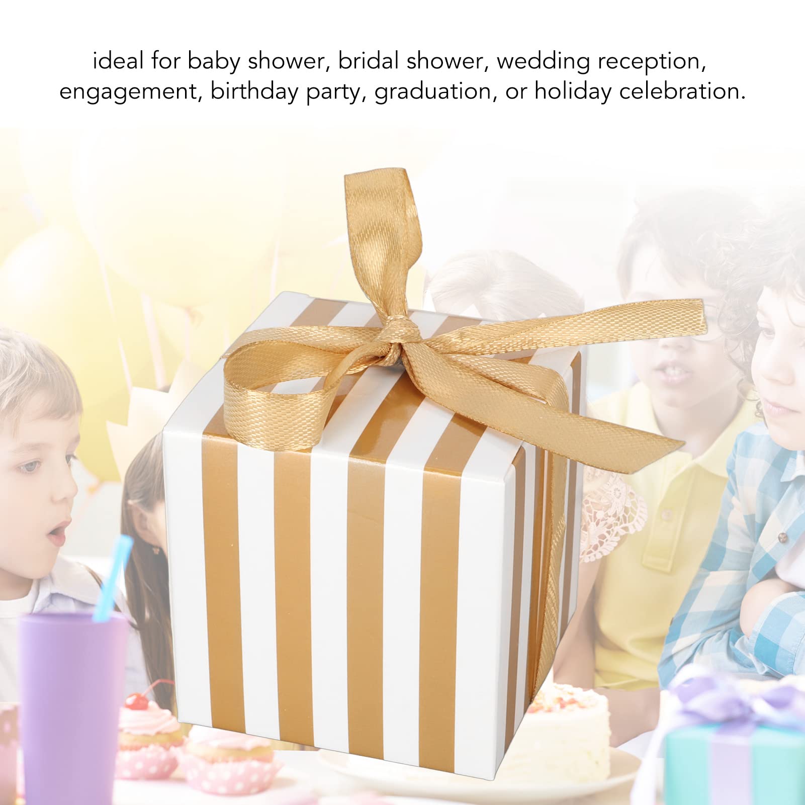Restokki 50Pcs Mini Gift Boxes 2.2in Squared Gold Stripes Easy Assembly Gift Wrapping Box with Ribbons for Party Wedding Birthday Christmas Party