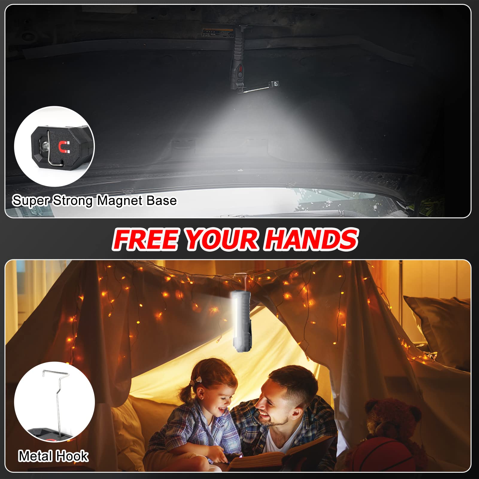 KEPEAK Rechargeable Flashlights, 2 Pack LED Work Lights with Magnetic Base & Hanging Hook, 180°Rotate, 5 Modes, Gifts for Car Repair, Grill, Camping, Emergency, Outdoor