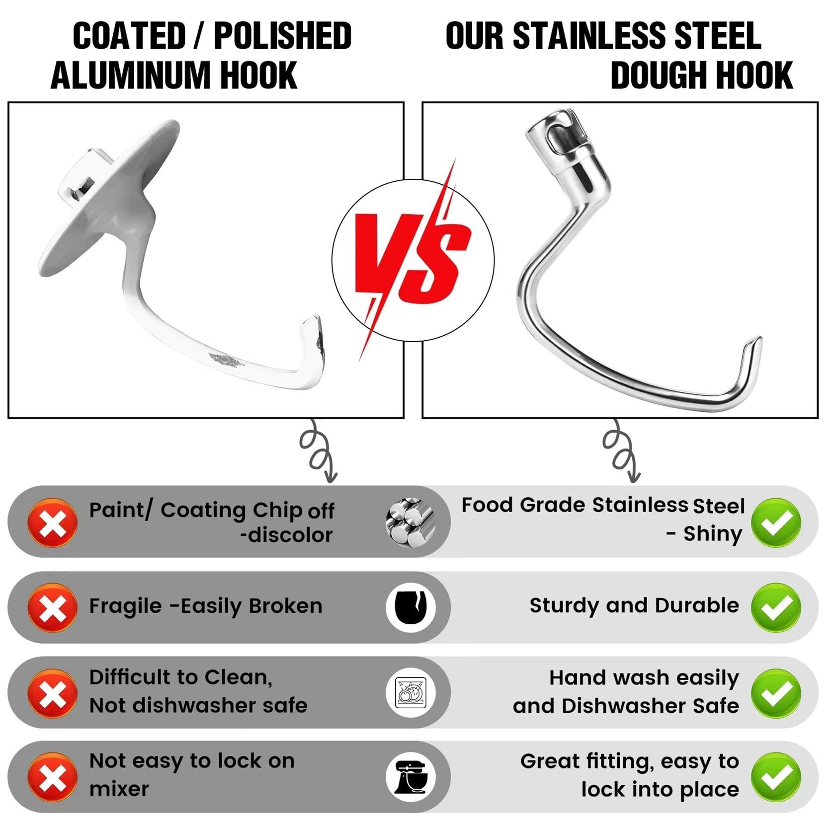 FavorKit Stainless Steel Dough Hook for KitchenAid Tilt-head & 4.5-5 Qt Mixers, Dishwasher Safe, Polished Metal Kneading Attachment Replacement