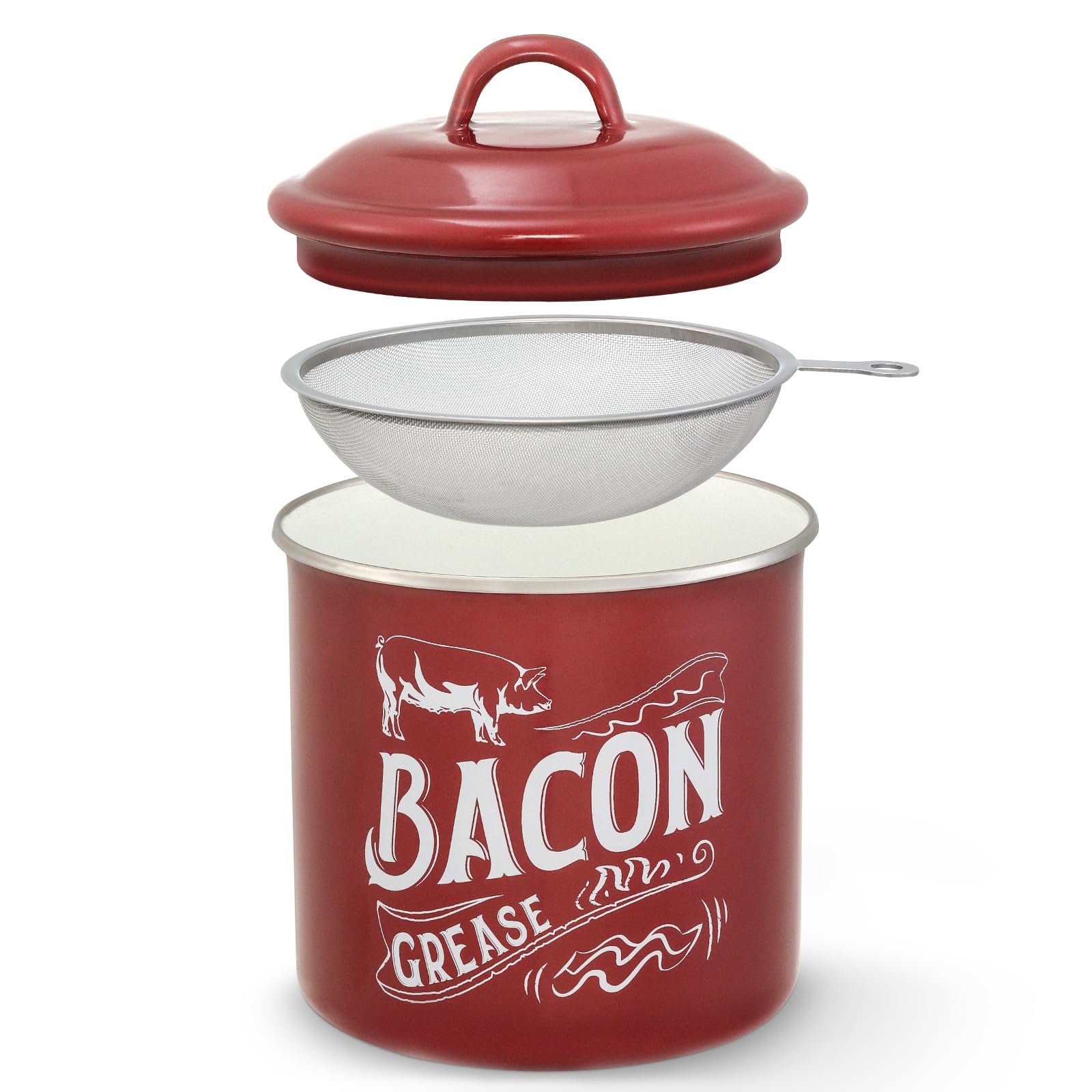 [ Larger Capacity ] Bacon Grease Container with Fine Strainer and Lid - 38 OZ Enamel Bacon Grease Keeper Oil Can for Bacon Fat Dripping - Farmhouse or Kitchen Gift & Decor, Bacon Cooker Accessories