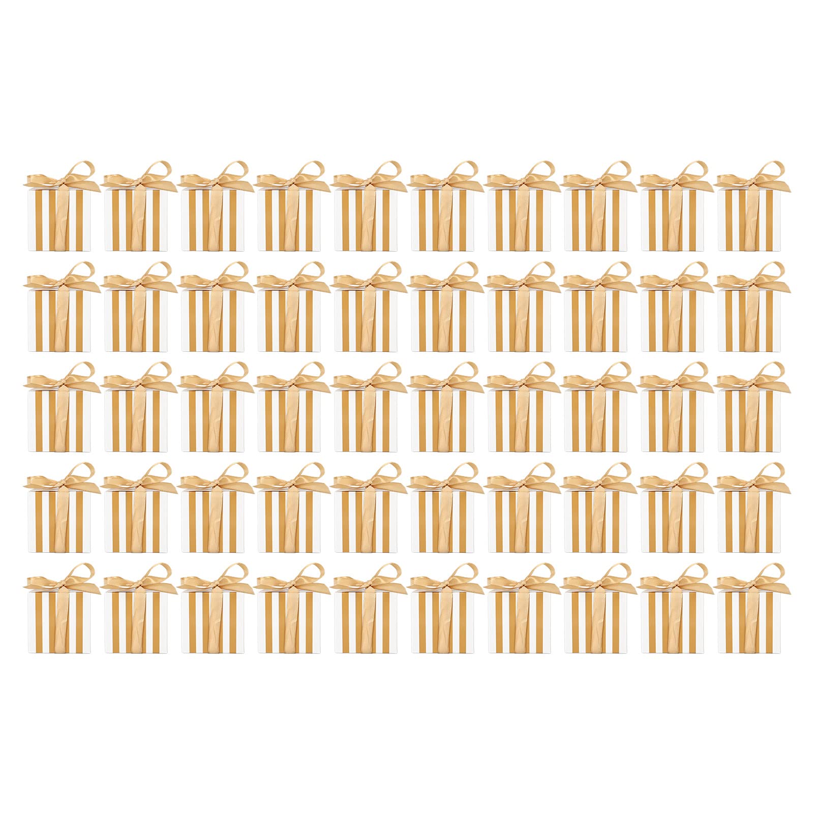 Restokki 50Pcs Mini Gift Boxes 2.2in Squared Gold Stripes Easy Assembly Gift Wrapping Box with Ribbons for Party Wedding Birthday Christmas Party