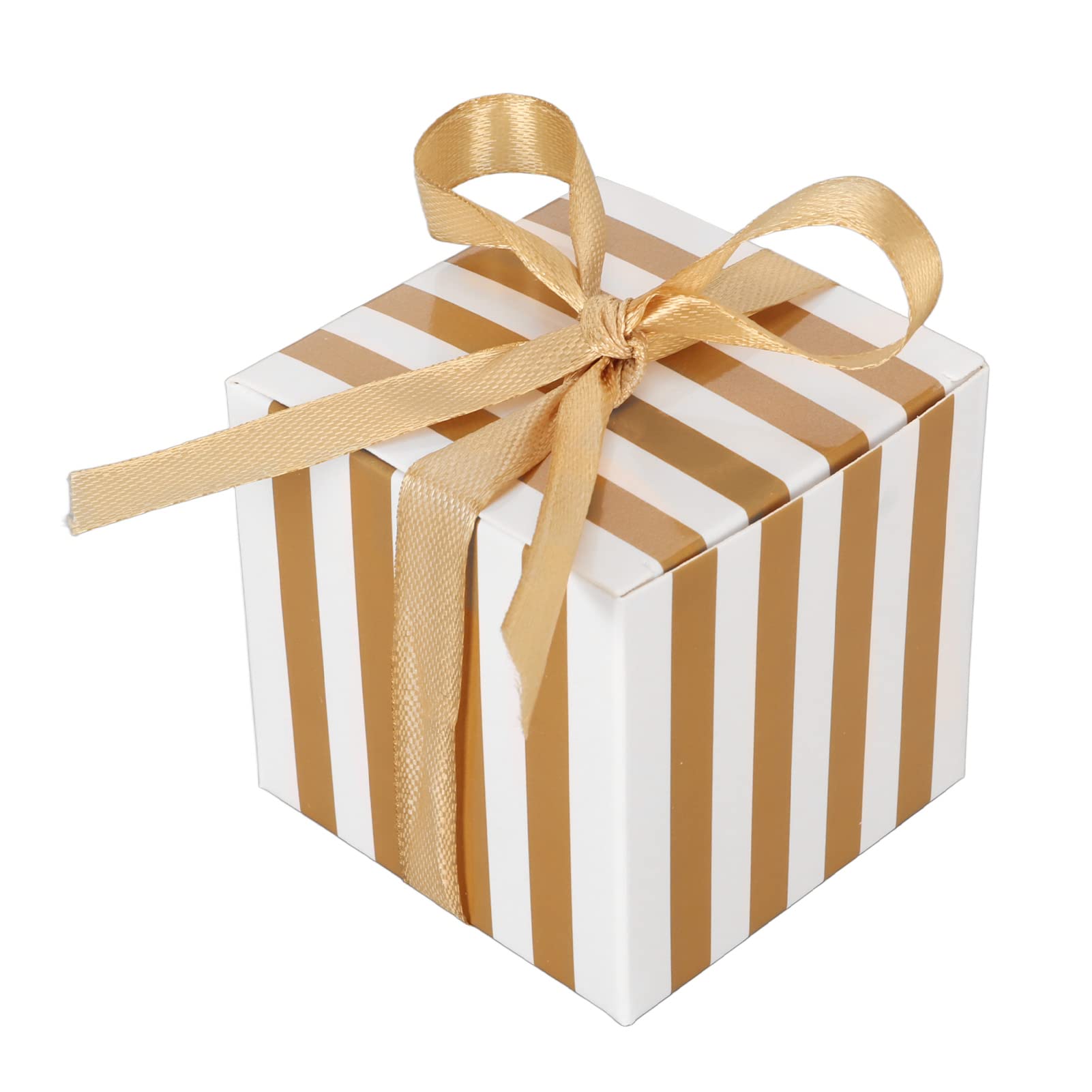Restokki 50Pcs Mini Gift Boxes 2.2in Squared Gold Stripes Easy Assembly Gift Wrapping Box with Ribbons for Party Wedding Birthday Christmas Party