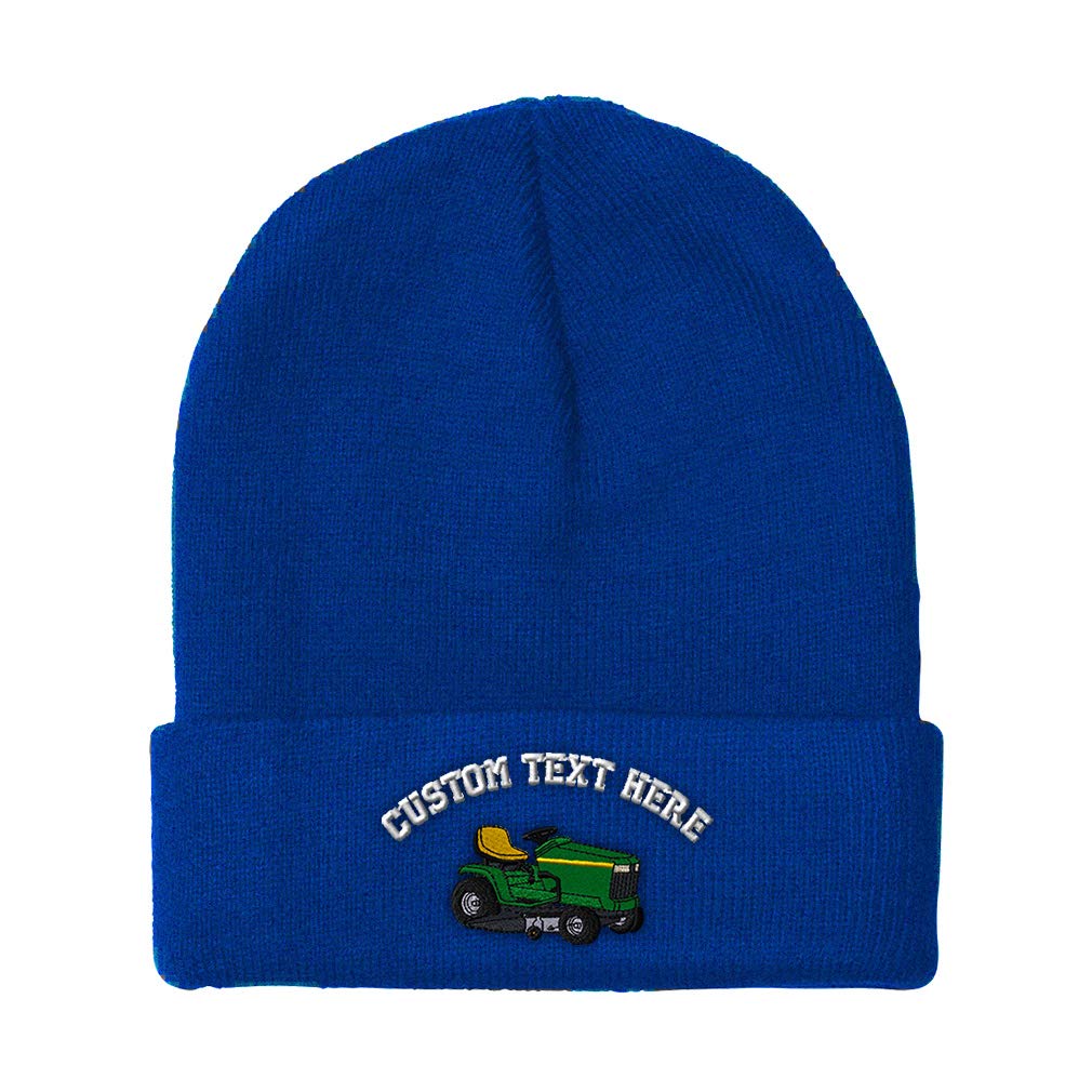 Custom Beanies for Men Riding Lawn Mower A Embroidery Lawnmowers Winter Hats for Women Acrylic Skull Cap 1 Size Royal Blue Personalized Text Here