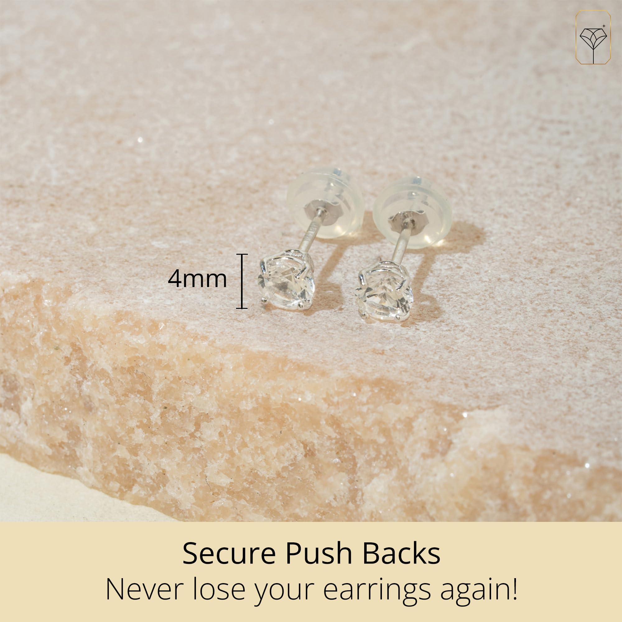 MAX + STONE 14k White Gold Genuine Created White Sapphire Round Stud Earrings for Women | 4mm April Birthstone