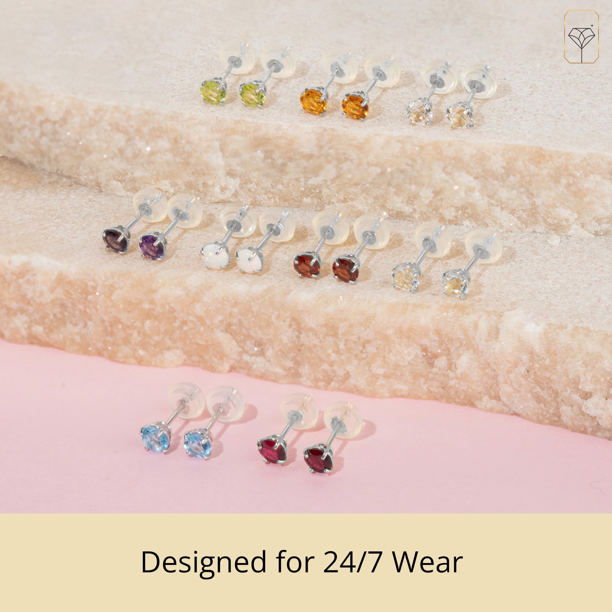 MAX + STONE 14k White Gold Genuine Created White Sapphire Round Stud Earrings for Women | 4mm April Birthstone