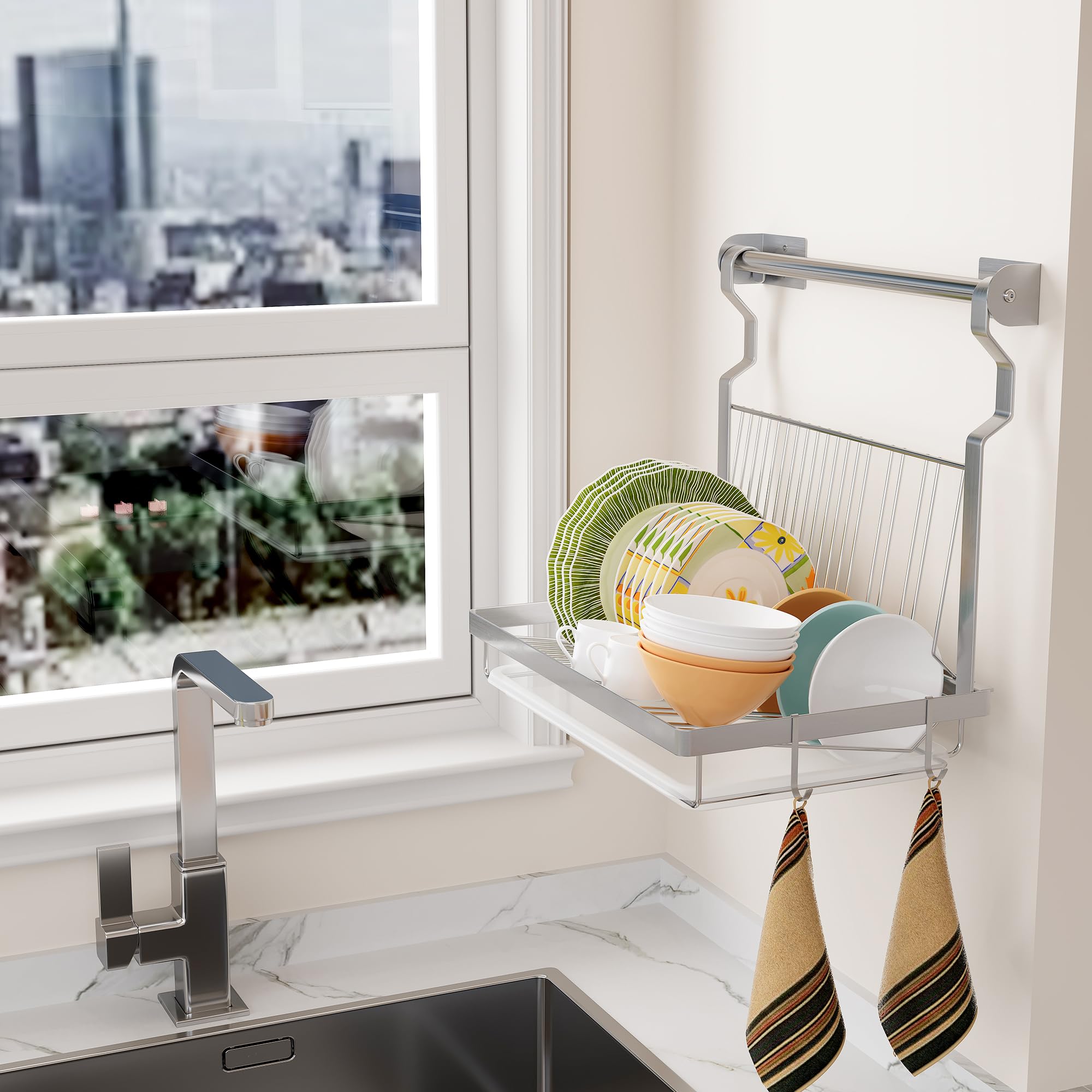 TQVAI Stainless Steel Hanging Dish Drainer Folding Dish Drying Rack with Rod, Drainboard and Hanging S Hooks - Silver