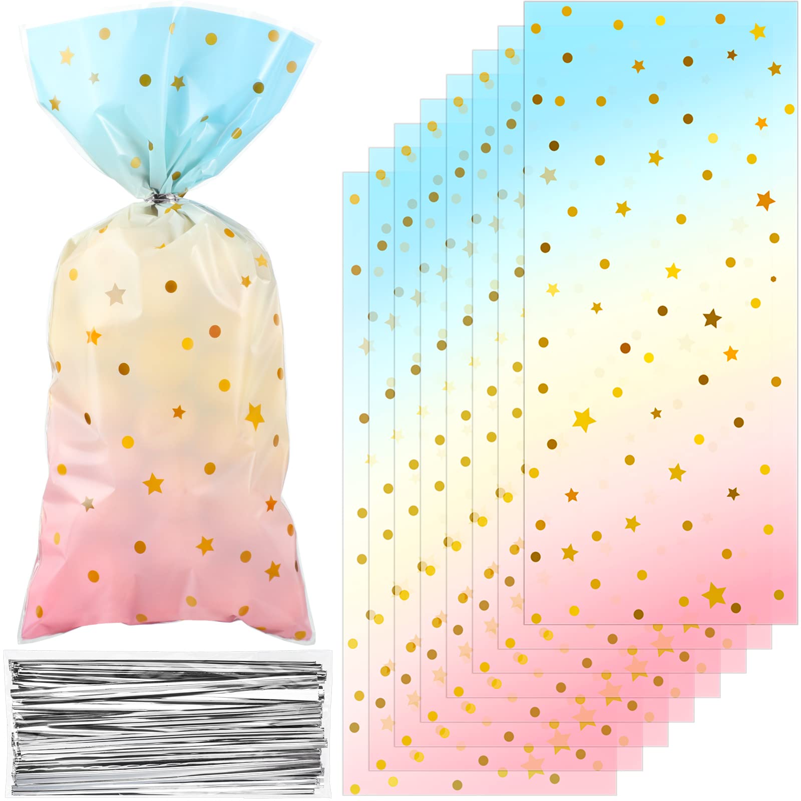 Pajean 100 Pcs Pastel Cellophane Bags Rainbow Party Favors Bag Star Dot Treat Goodie Candy Plastic Gift Pink Blue Tie Dye Wrapping Clear Cello for Baby Shower Birthday Decoration Supplies