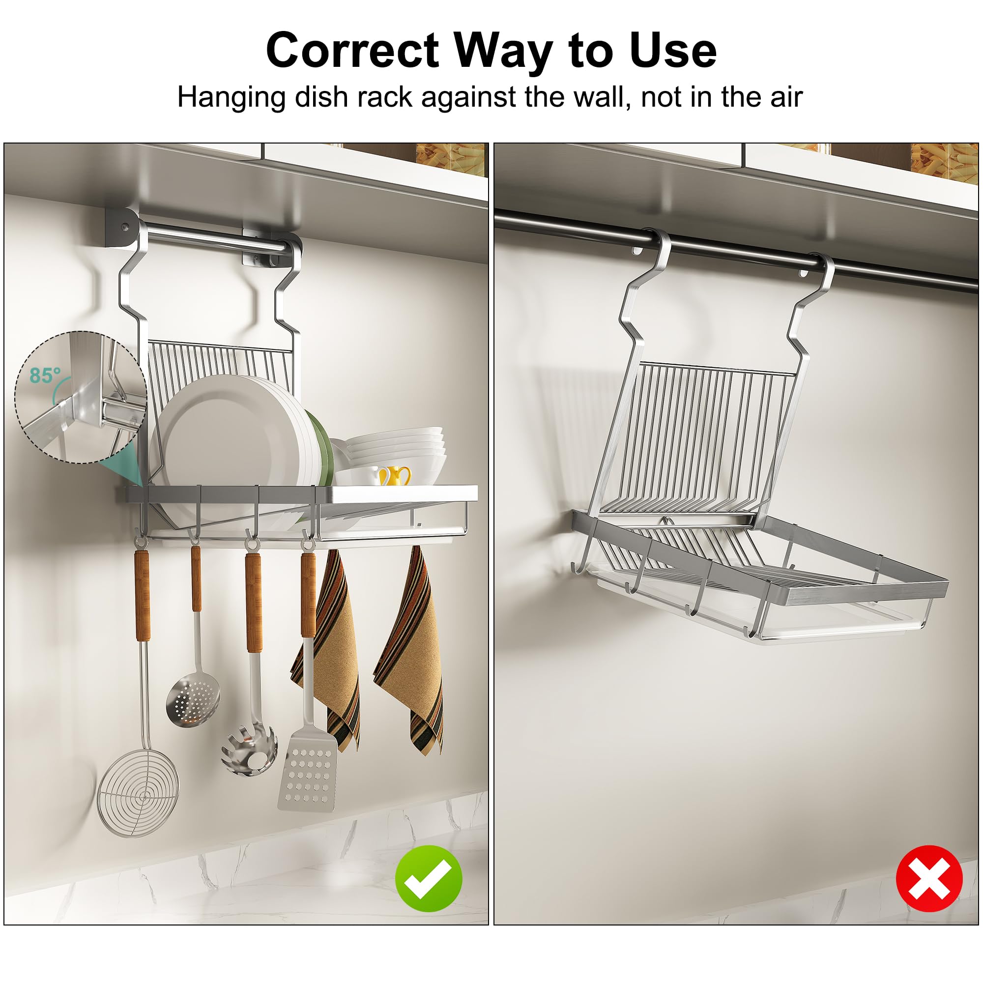 TQVAI Stainless Steel Hanging Dish Drainer Folding Dish Drying Rack with Rod, Drainboard and Hanging S Hooks - Silver