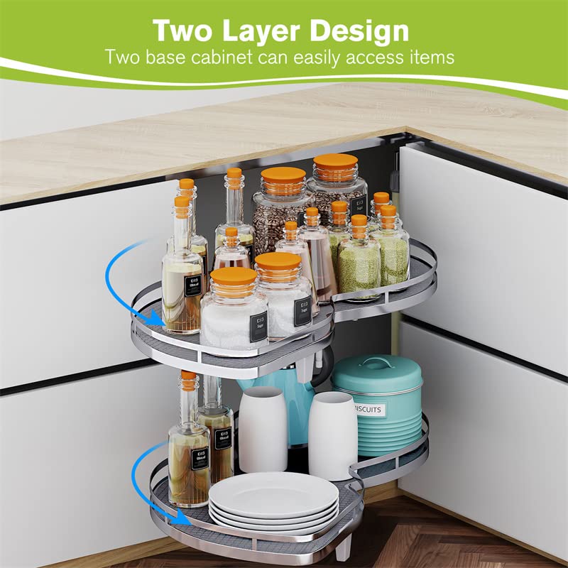 Kinchoix Blind Corner Cabinet Pull Out Organizer, Soft Close Swing Left Pull Out Cabinet Organizer 36inch, Corner Cabinet Lazy Susan for Corner Cabinet Blind Shelf, 2 Tiers Tray, Adjustable Height