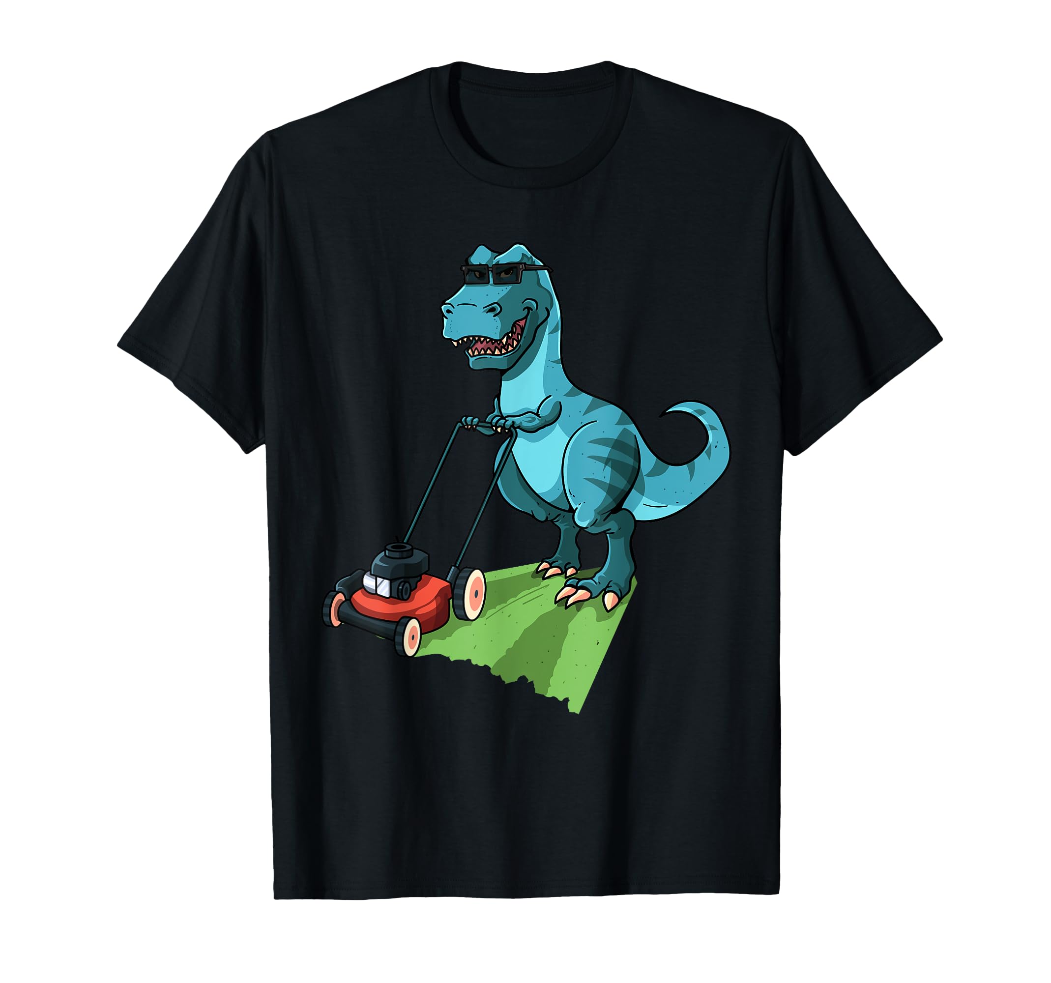 Cute Mowing Dino Dinosaur Lover Animal Gardener Funny Lawn Mower T-Rex Tractor Mowing Gift For Kids Toddler Unisex-Kids T-Shirt