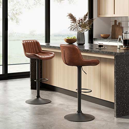 Volans Bar Stools Set of 4, Mid Century Modern Faux Leather Swivel Adjustable Height Bar Stool, Counter Height Pub Bar Chair with Back, Black Powder Coated Base, Cognac