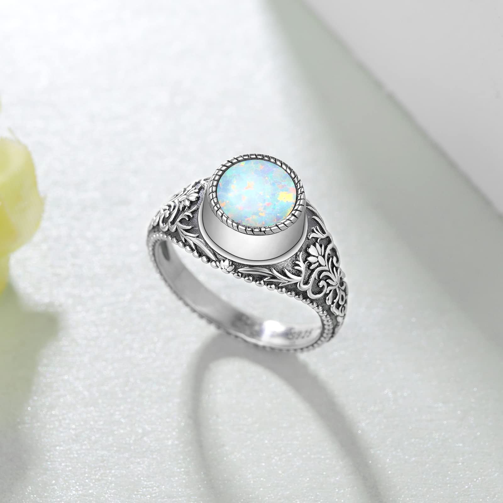SVODEA Urn Rings for Ashes Cremation Jewelry,925 Sterling Silver Created Lab Opal Cage Filigree Ashes Keepsake Urns Bands with w/Funnel Filler,Memorial Gifts for Women (5)