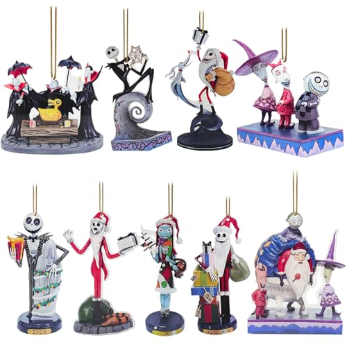Gadluckki 2024 Night mare Before Christmas Tree Decorations, 9PCS Acrylic Cute Jack and Sa&lly Christmas Pendants Hanging, 2D Flat Ornaments with Printing and Car Interior, 10cm/3.93in